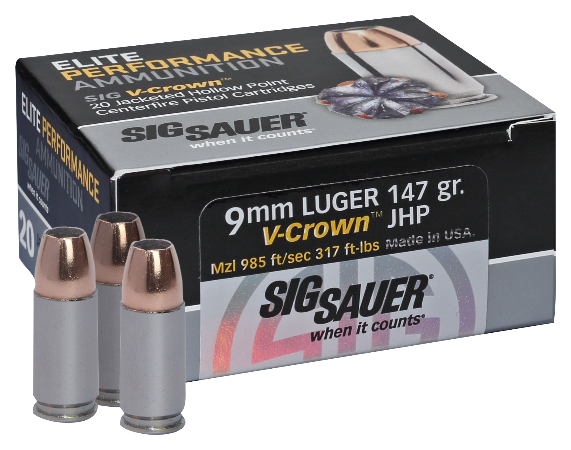 SIG SAUER Elite Performance JHP 9mm Luger 147 Grain V-Crown Handgun ...